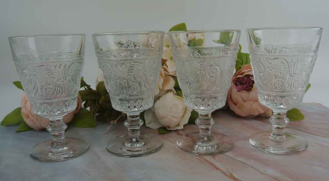 4 Sandwich Footed Water Goblets 8 Oz in Duncan & Miller Clear Glass 41 ...
