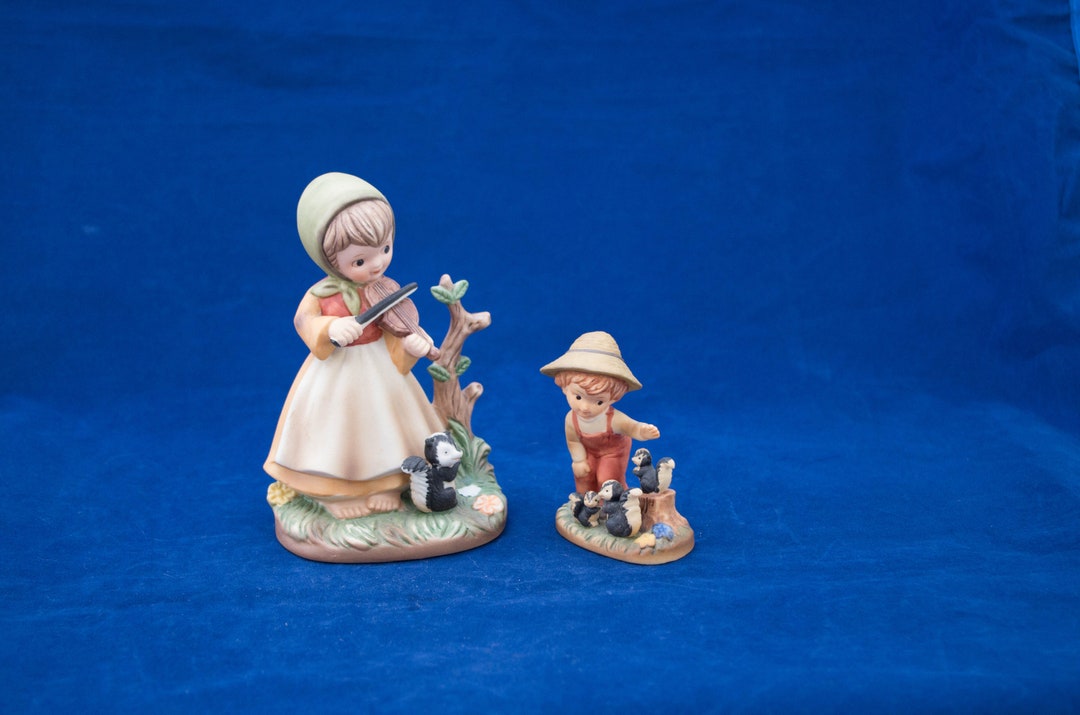 Two Figurines Tiny Tots Boy With Skunks and Girl With Violin - Etsy