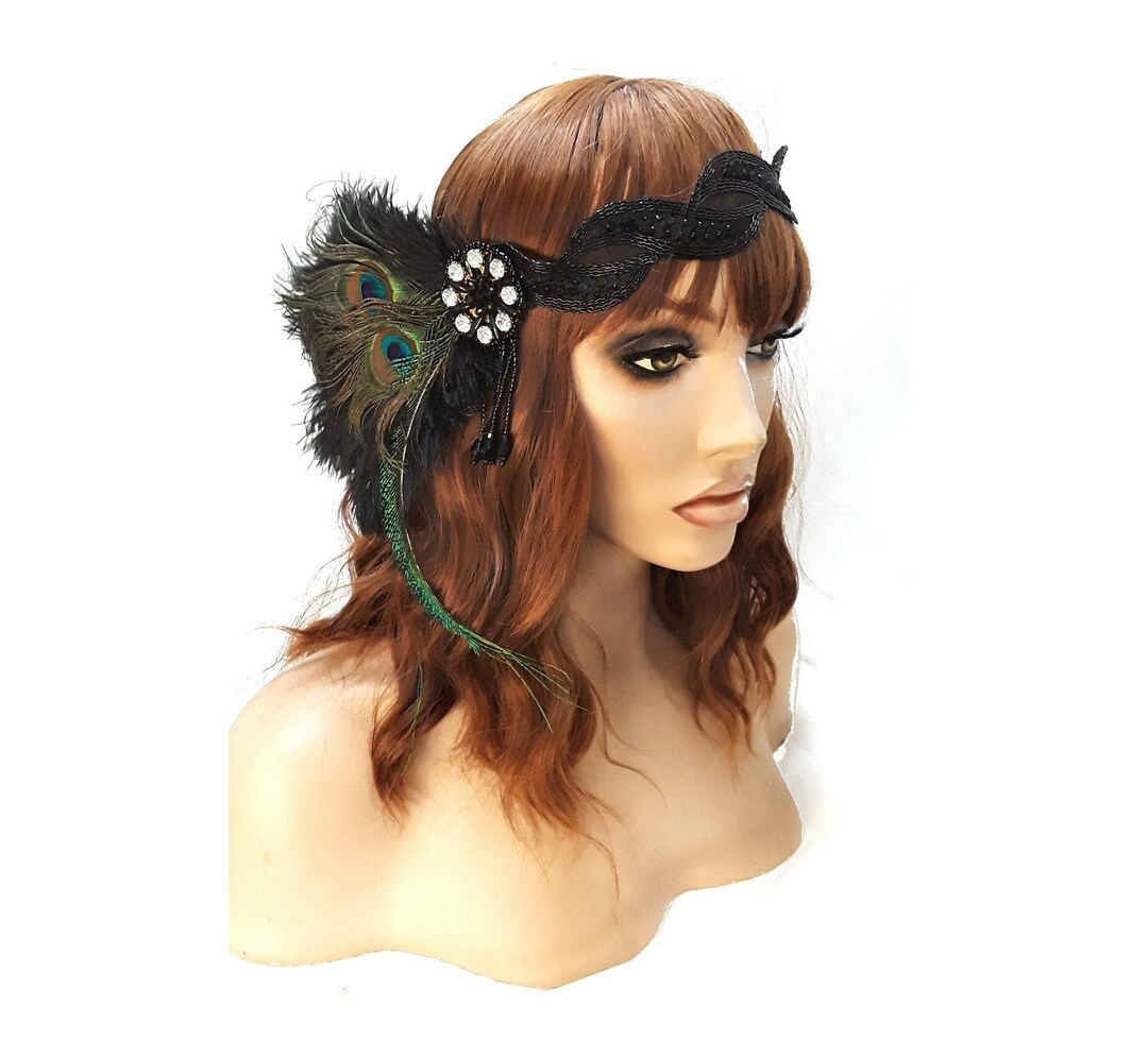 1920s Flapper Vintage Peacock Feather Gatsby Beaded Tassel Headpiece - Etsy