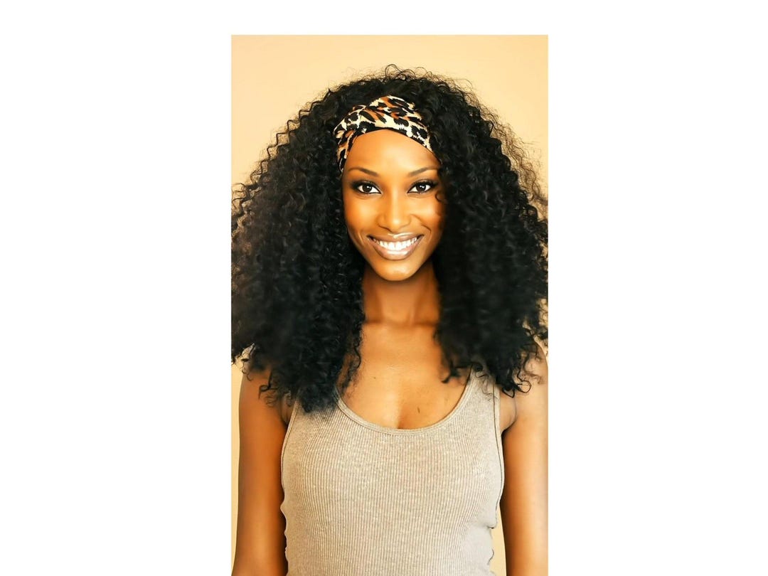Leopard Print Headband Wig: Black Spiral Curls, Adjustable Band - Etsy