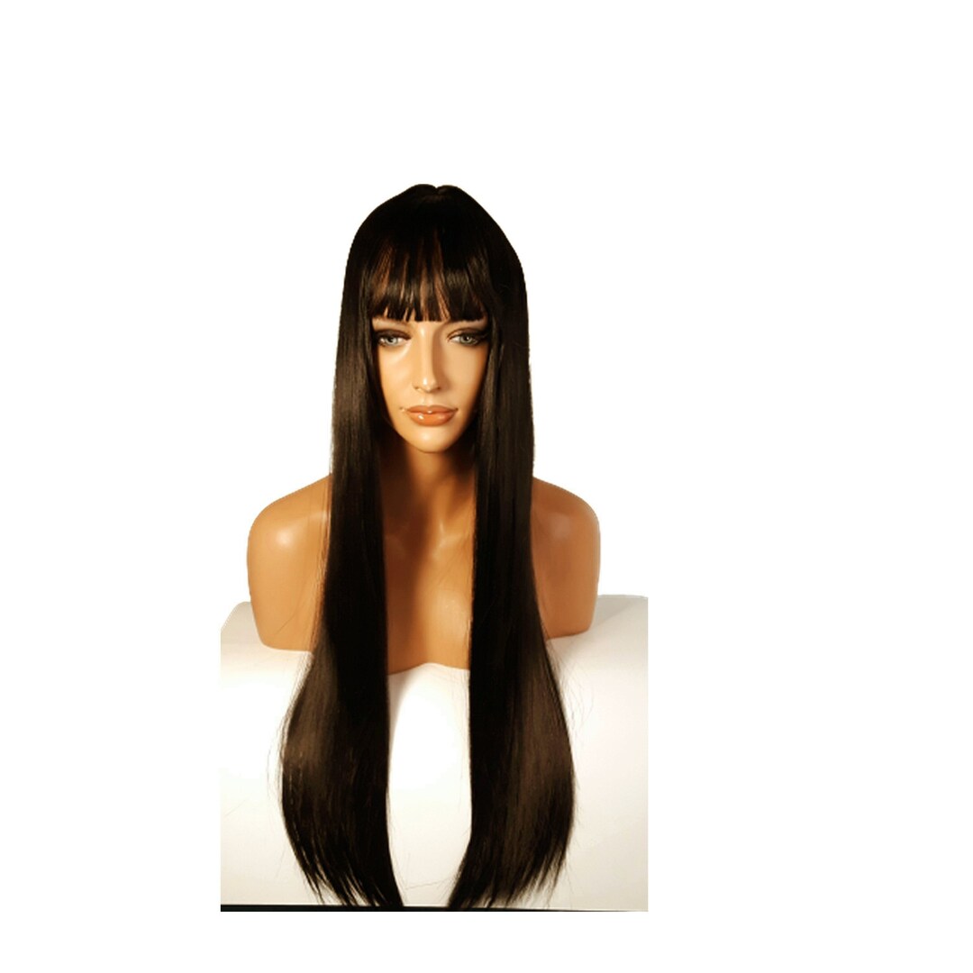 Extra Long Silky Long Straight Black Wig With Bangs extra Long Straight ...