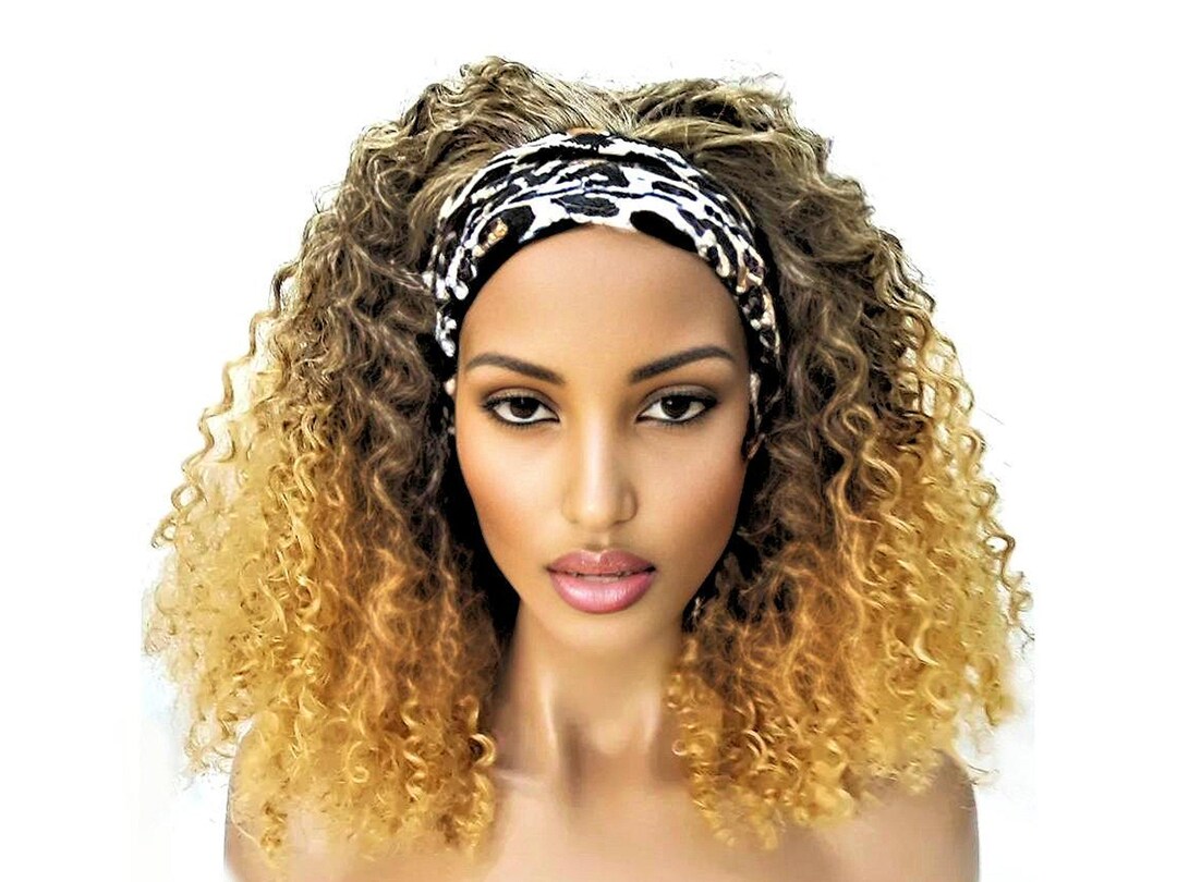 Leopard Print Headband Wig Synthetic Kinky Curly Ombre Blonde Wig, Real ...