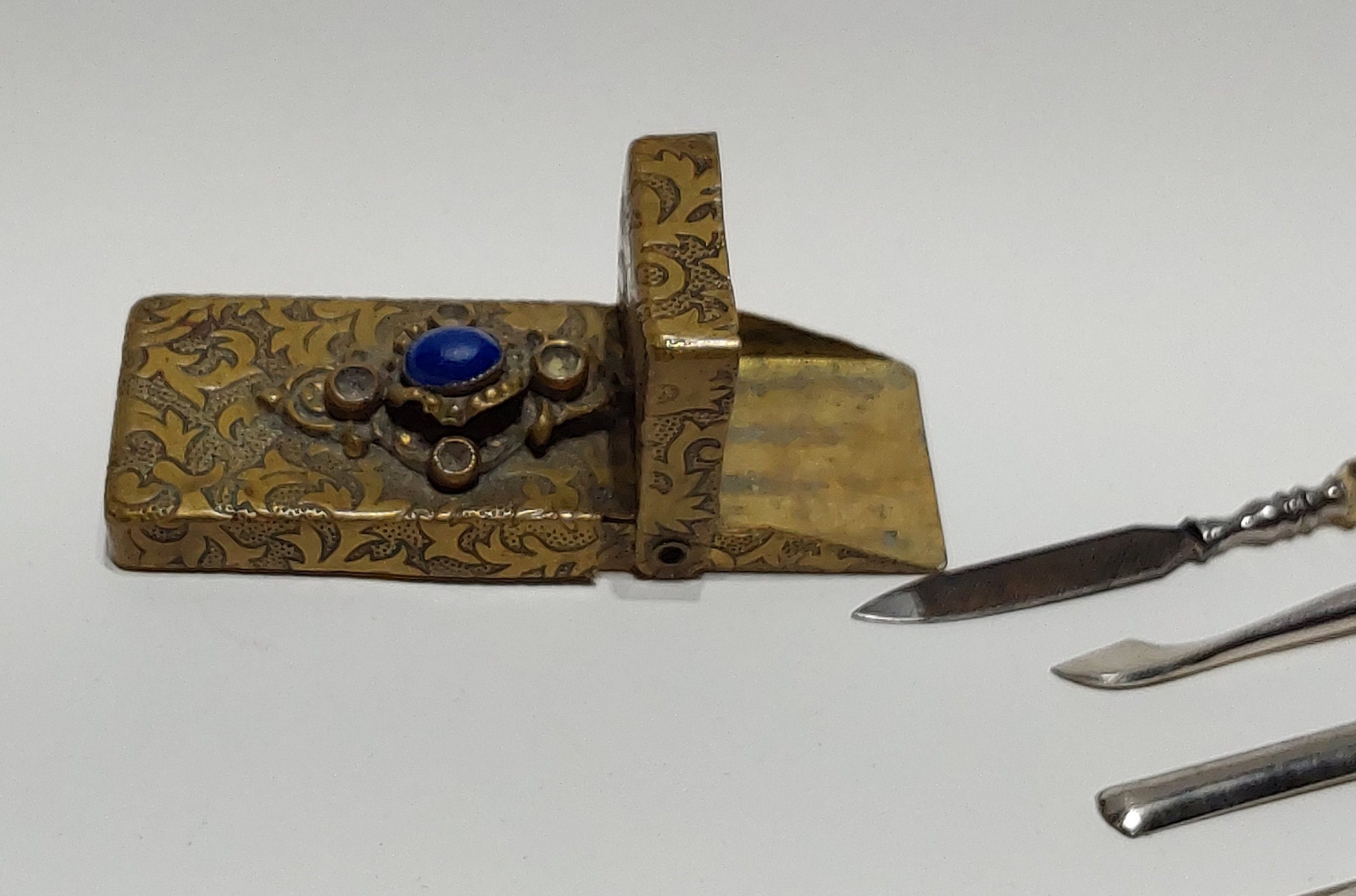 Vintage Manicure Set in Foliate Brass Container With Presentation Box ...