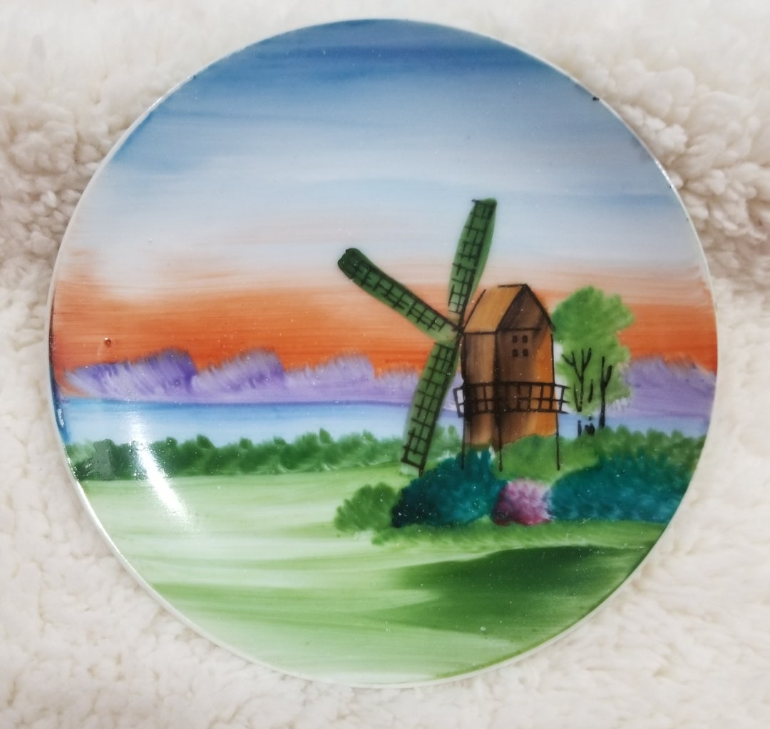 Vintage 5-1/4 Inch Hand Painted Windmill Scene Collector Porcelain ...