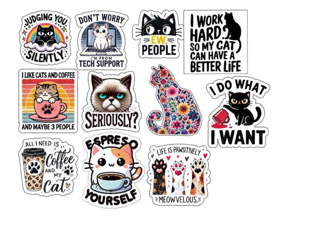 11pcs Cute Cat Stickers Pack, Cute Cat Lover Gift, Cat Mom Sticker, Cat ...