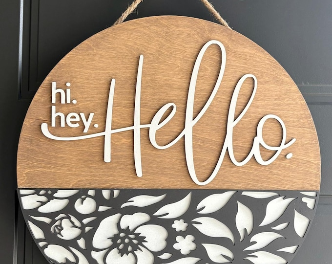 Wooden Door Decor, Floral Hi Hey Hello Door Hanger | Hello Front Door ...