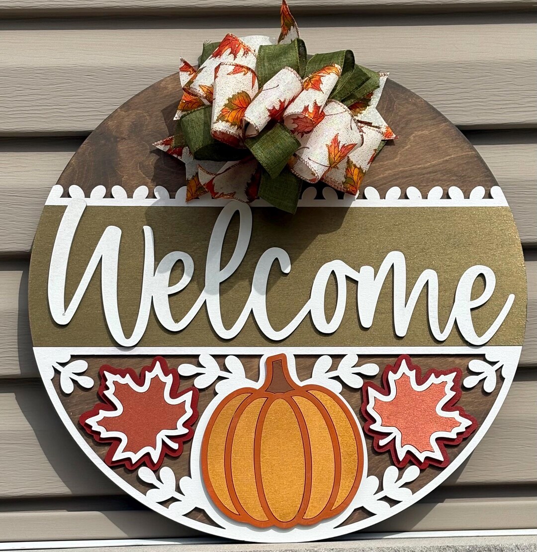 Fall Welcome Door Hanger – Fall Wall Decor - Autumn Pumpkin & Leaves ...