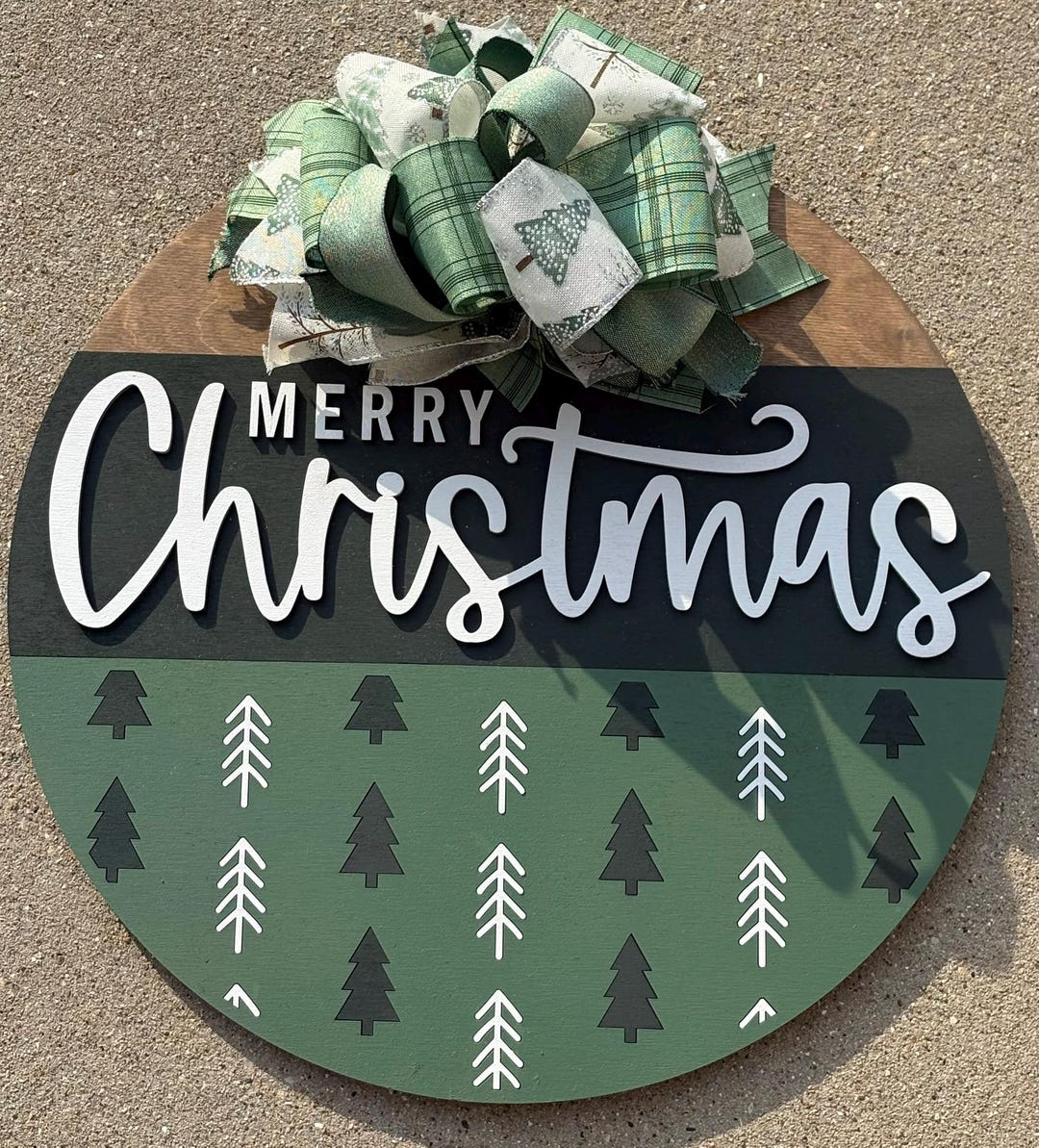 Merry Christmas Modern Tree Sign, Winter Door Decor, Rustic Green ...