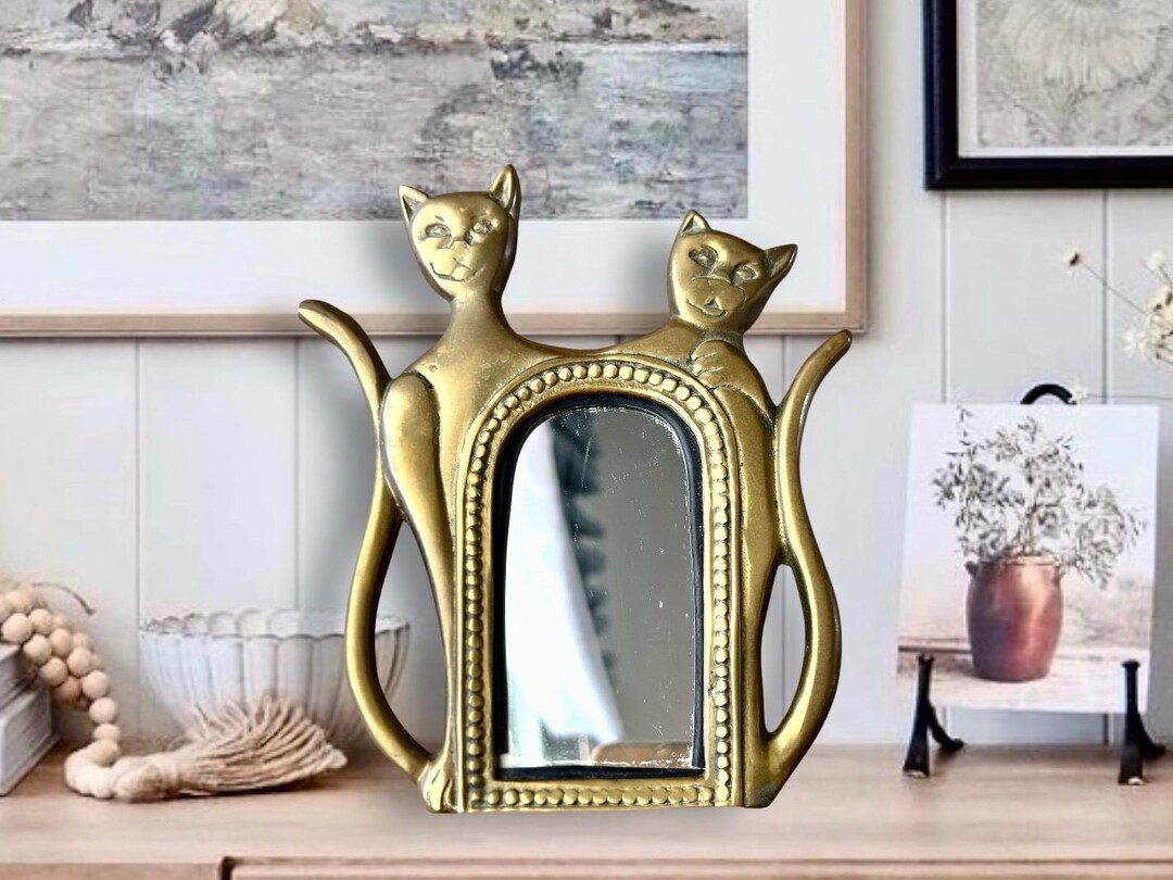Vintage Brass Siamese Cat Mirror for Tabletop Antique Gold Finish ...