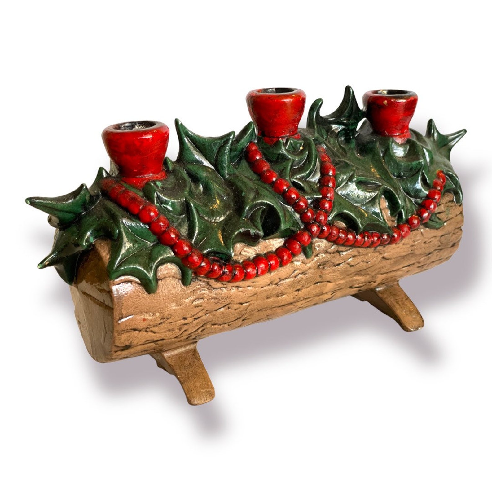 Vintage Hand Painted Electrified Yule Log Vintage Light up Christmas ...