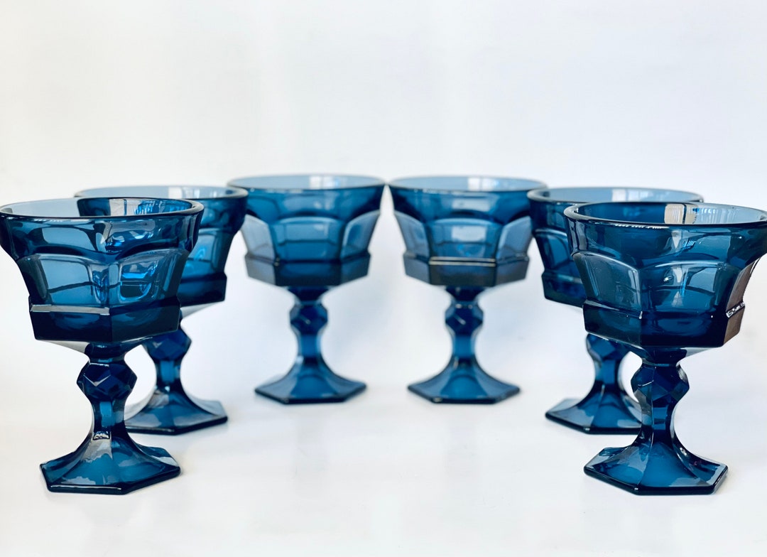 Vintage Fostoria Virginia Dark Blue Champagne Glasses Set Of 6 Blue Octagon Tall Sherbet
