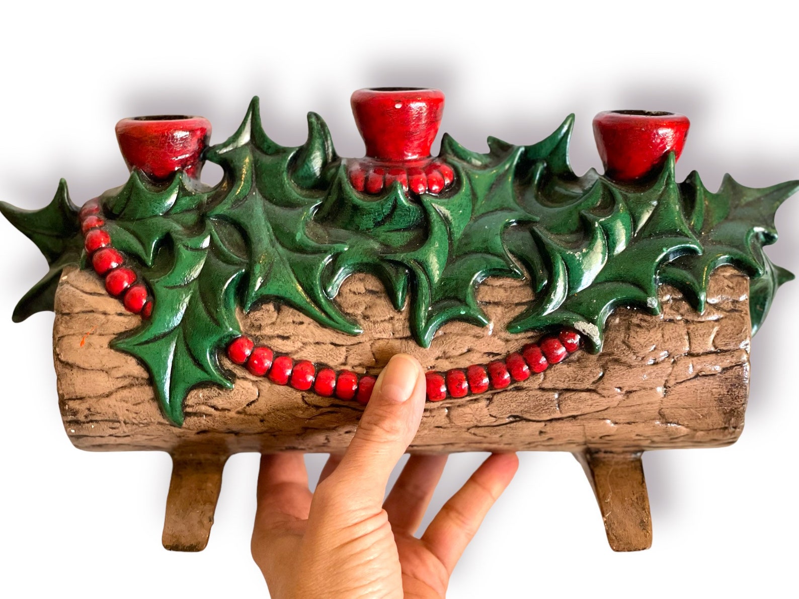 Vintage Hand Painted Electrified Yule Log Vintage Light up Christmas ...