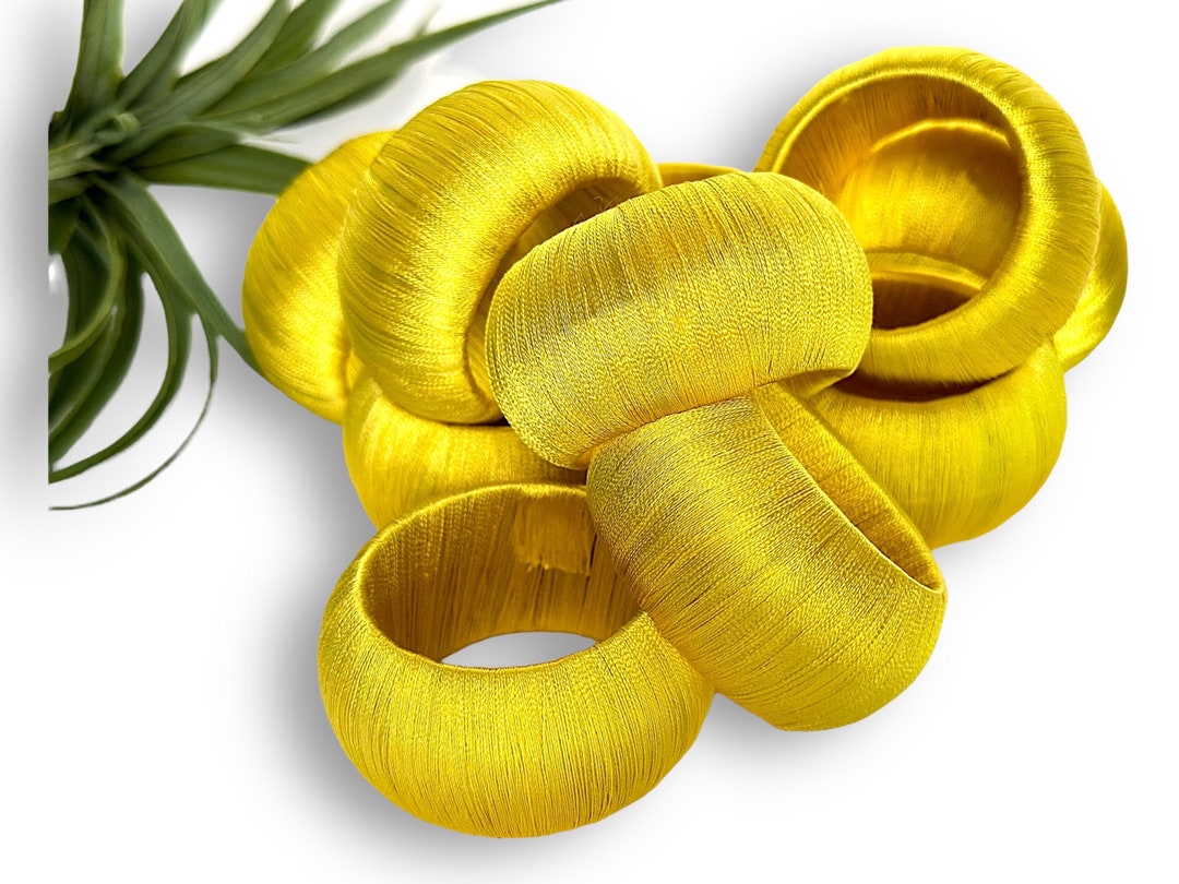 Vintage Bright Yellow Napkin Rings Wrapped in Silk Thread, 80s Silky ...