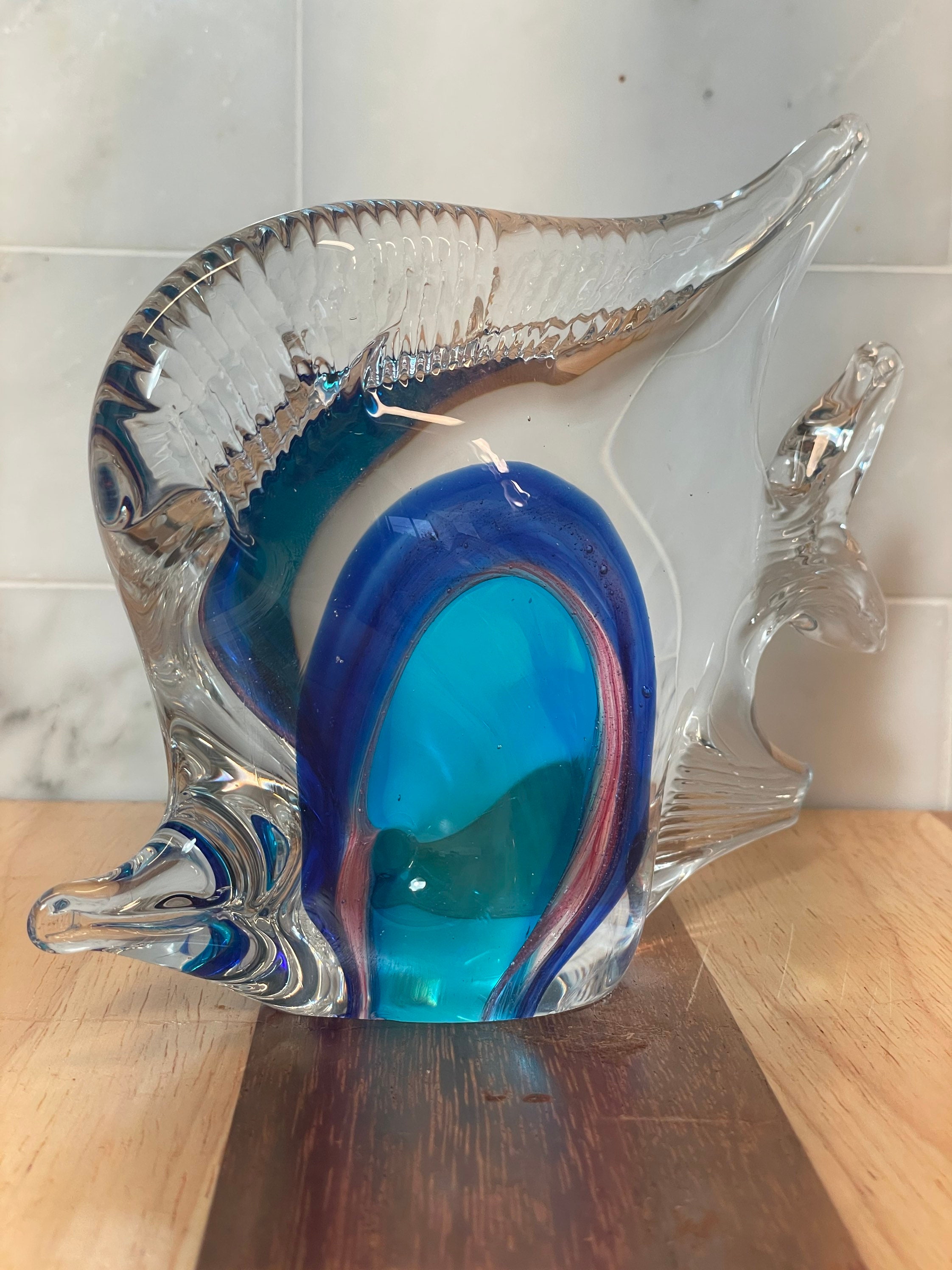 Murano Hand Blown Glass Angel Fish Sculpture, Blue & Aqua Art Glass ...