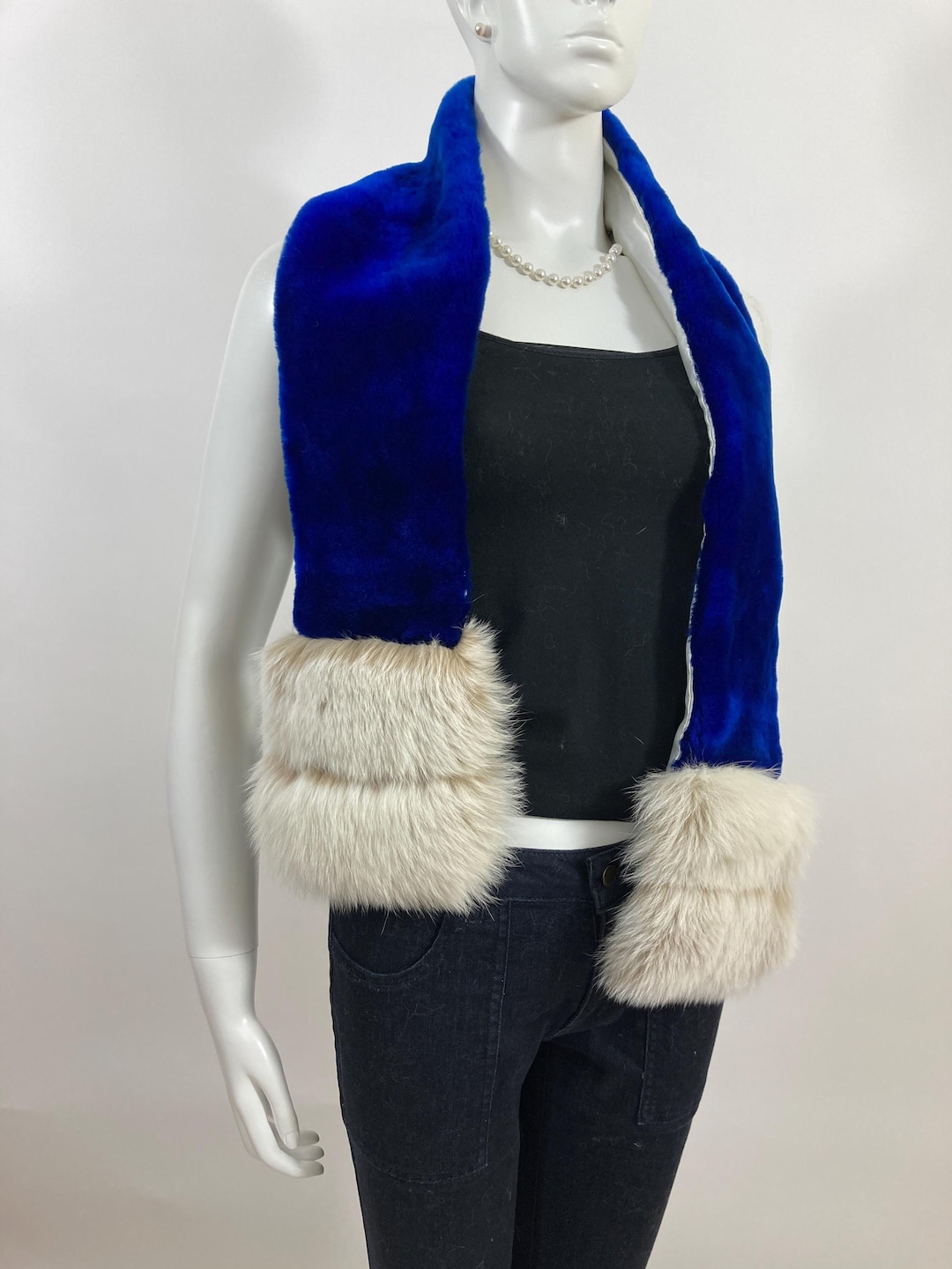 Beautiful Rock Star Blue Dyed Mutton Fur Scarf With Fox Trim - New ...