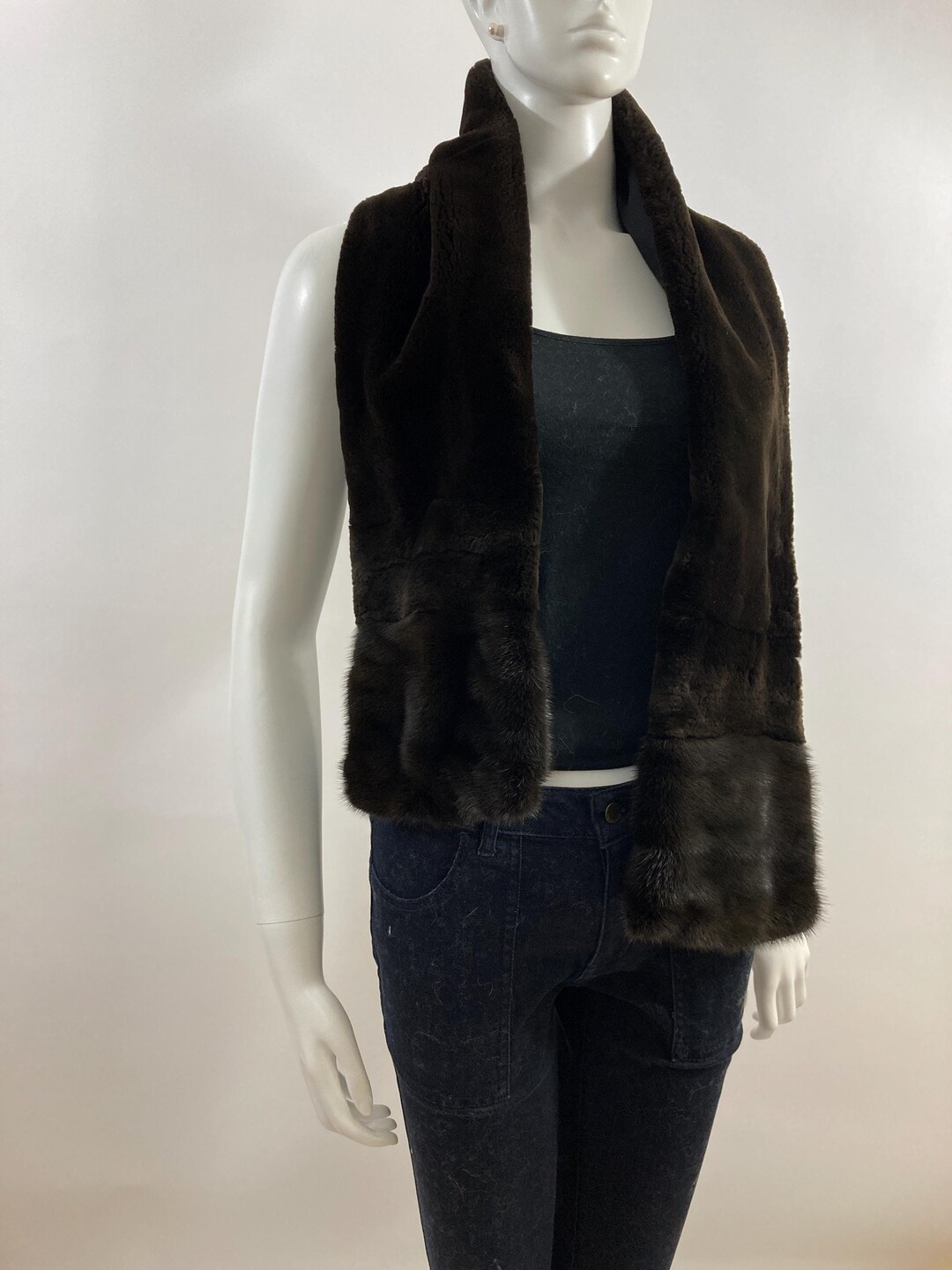 NWOT Extra Long Dark Brown Sheared Beaver Fur Scarf With Mink Trim New ...