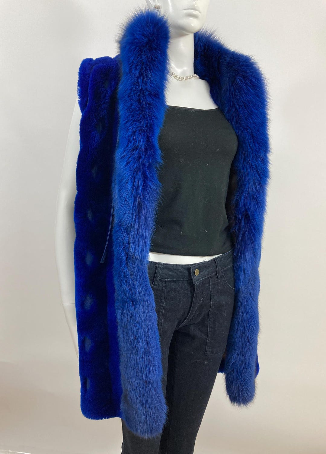 Sz M - Beautiful Rock Star Blue Dyed Mutton Fur Vest With Fox Trim ...
