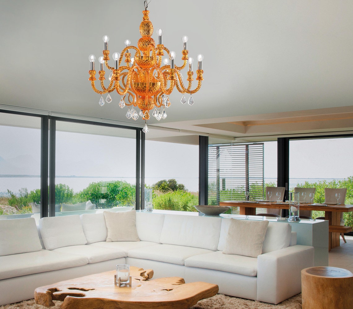 Orange Clear Murano Glass Chandelier With Swarovski Elements, 12 Lights ...