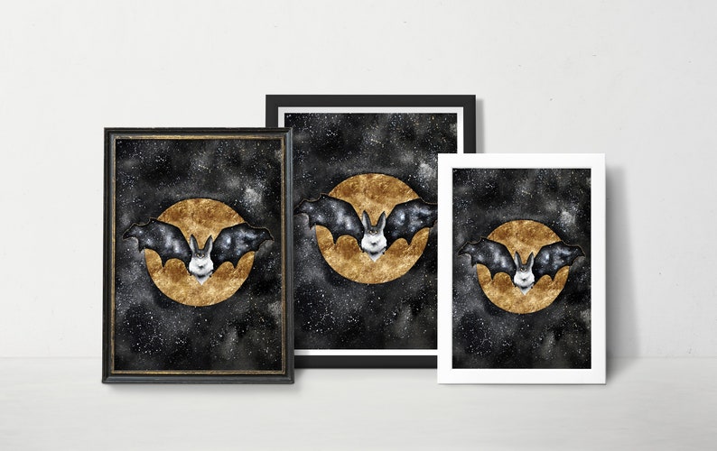 Bat Art Print, Golden Moon, Celestial Watercolor Painting - Etsy