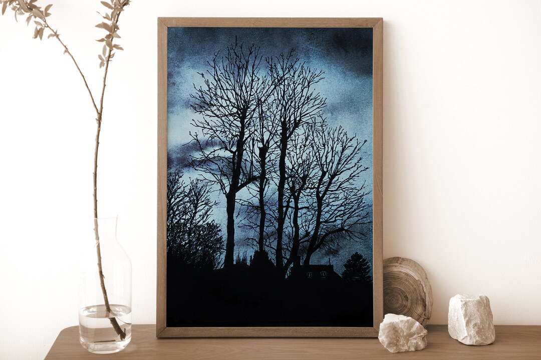Trees Poster, Witchy Print of Trees at Night, Trees Print, Watercolor ...