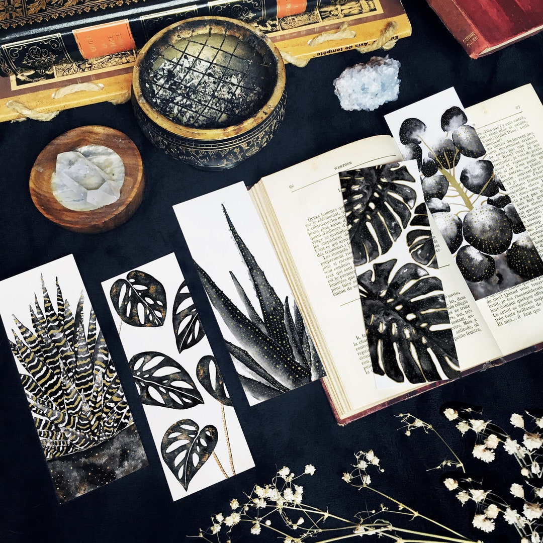 Botanical Bookmarks, Black and Gold Plant Art, Book Lover Gift - Etsy