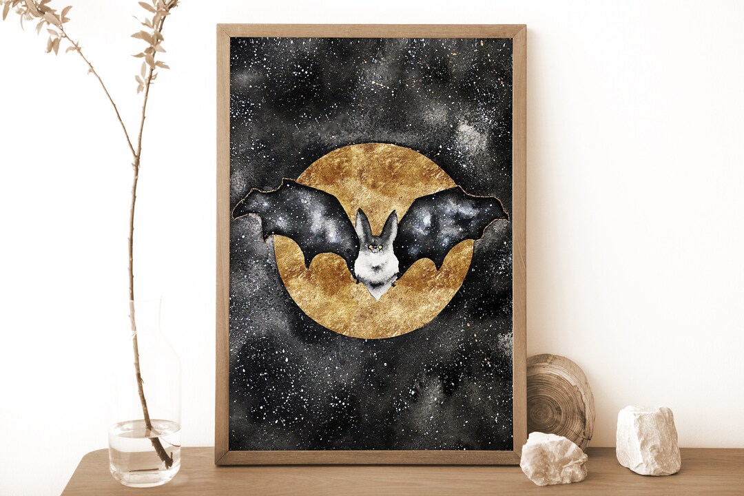 Bat Art Print, Golden Moon, Celestial Watercolor Painting - Etsy