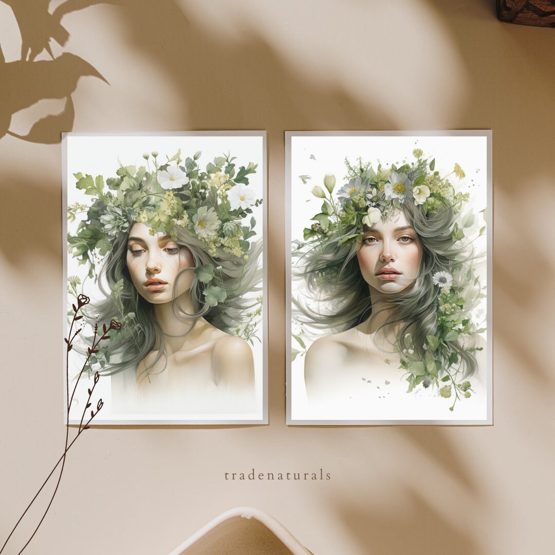 Sage Green Goddess Forest Fairy Wall Art Set: Fairy Illustrations ...