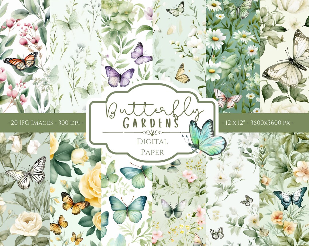 Sage Green Butterfly Digital Paper Floral Watercolor Digital Paper ...
