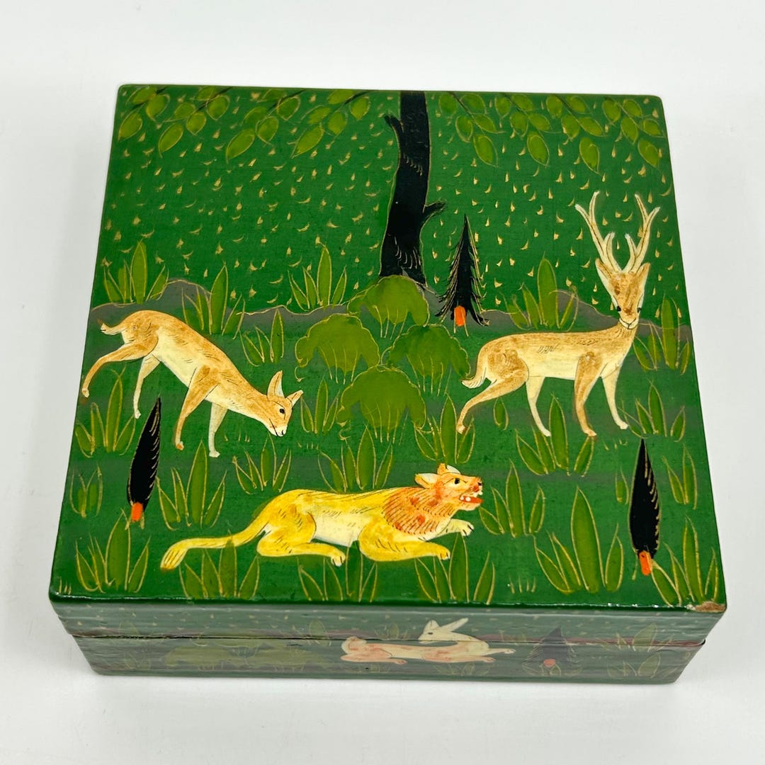 Vintage Paper Mache Lacquered Box Deer Tigers Kashmir India Hand ...