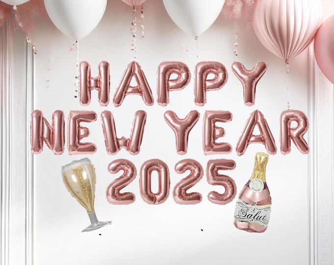 HAPPY NEW YEAR Cursive Script Letter Balloon Banner - Gold, Rose Gold ...