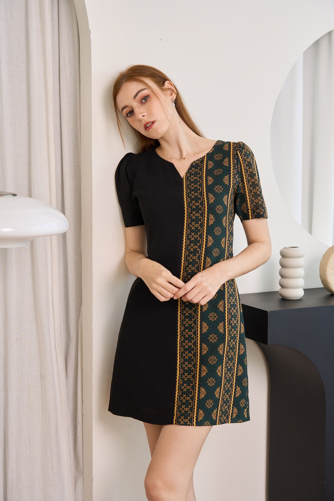 Golden Green Hmong Dress - Pencil Dress - Hmong Printed Pencil Dress ...