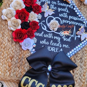 Custom Graduation Cap With Bow, BLING 3D Paper Flowers, Graduation Cap ...