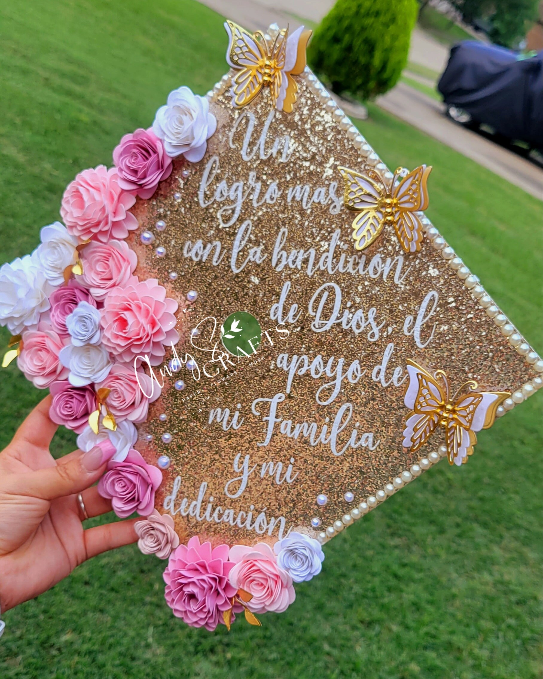 Custom Graduation Cap With Bow, BLING 3D Paper Flowers, Graduation Cap ...