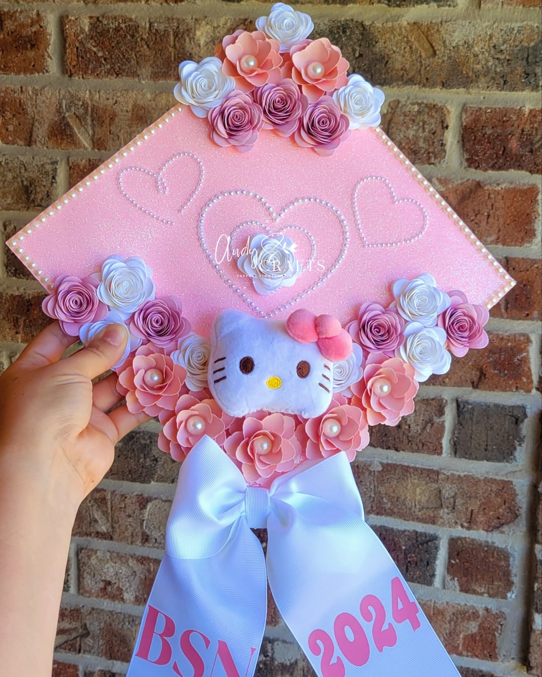 Hello Grad Hello Kitty Custom Graduation Cap With Bow, BLING 3D Paper ...