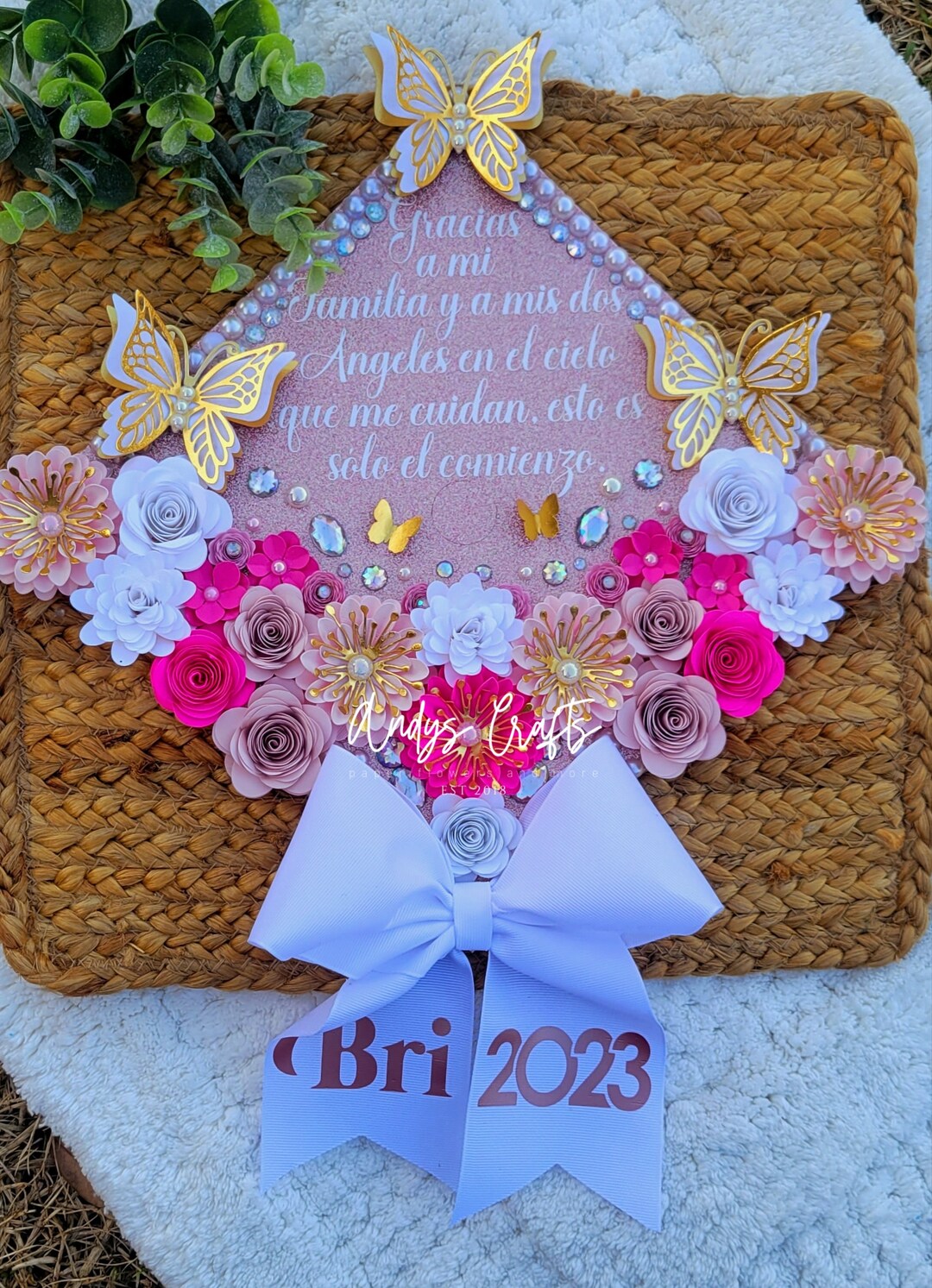 Custom Graduation Cap With Bow, BLING 3D Paper Flowers, Graduation Cap ...