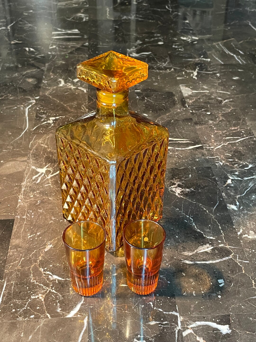 Pressed Amber Glass Diamond Pattern Square Liquor Decanter and - Etsy