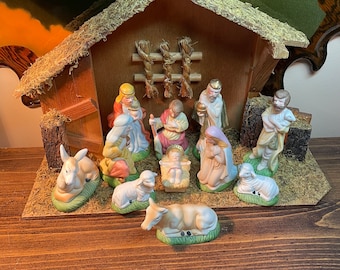 Porcelain Nativity Set Vintage With Figures and Wood Stable 11 Pieces ...
