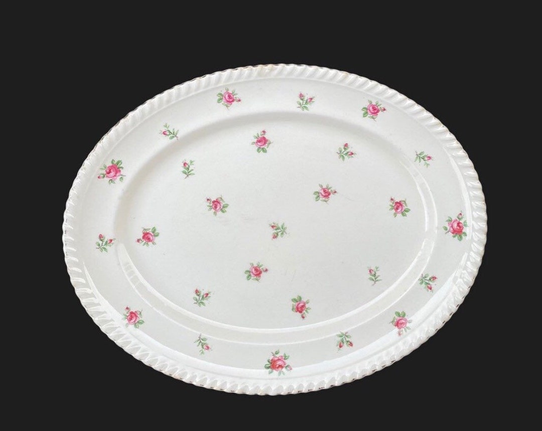 Pink Rosebud Oval Ceramic Serving Platter Vintage With Gilded Rim ...