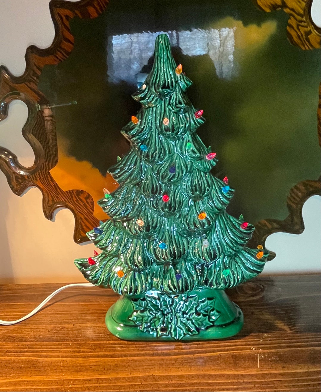 Glazed Ceramic Mantle Christmas Tree Lighted Double Sided Relief ...