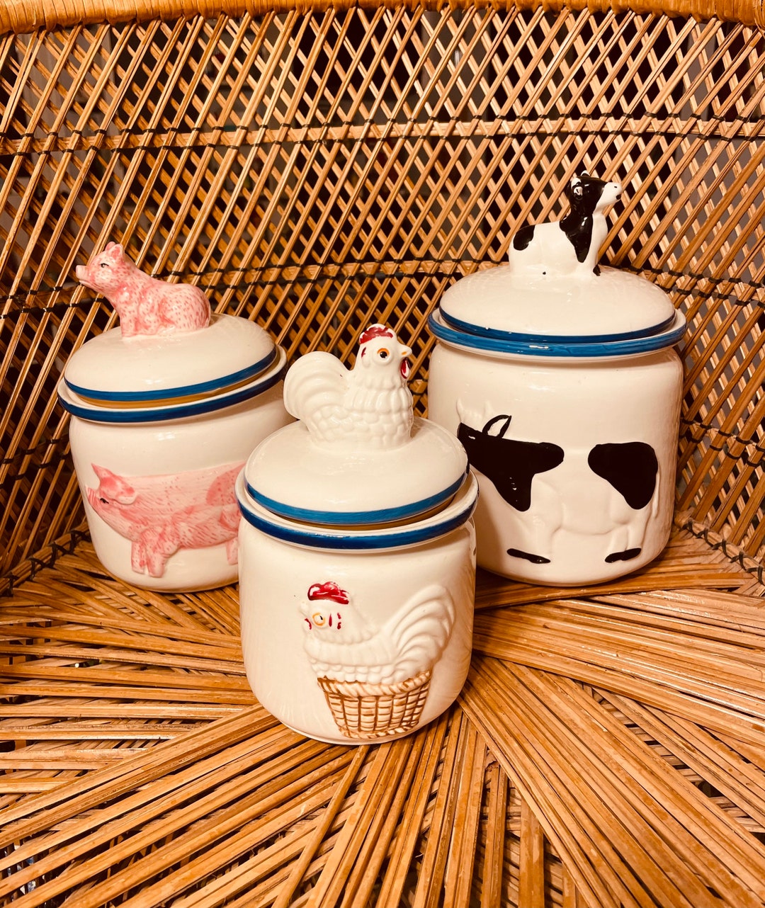 Ceramic Canister Set With Lids Farm Animals Chicken Cow Pig Vintage ...