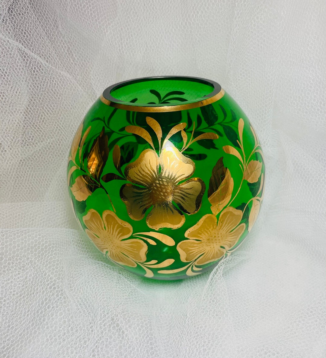 Emerald Green and Gold Glass Ball Vase, Czechoslovakia Bohemian ...