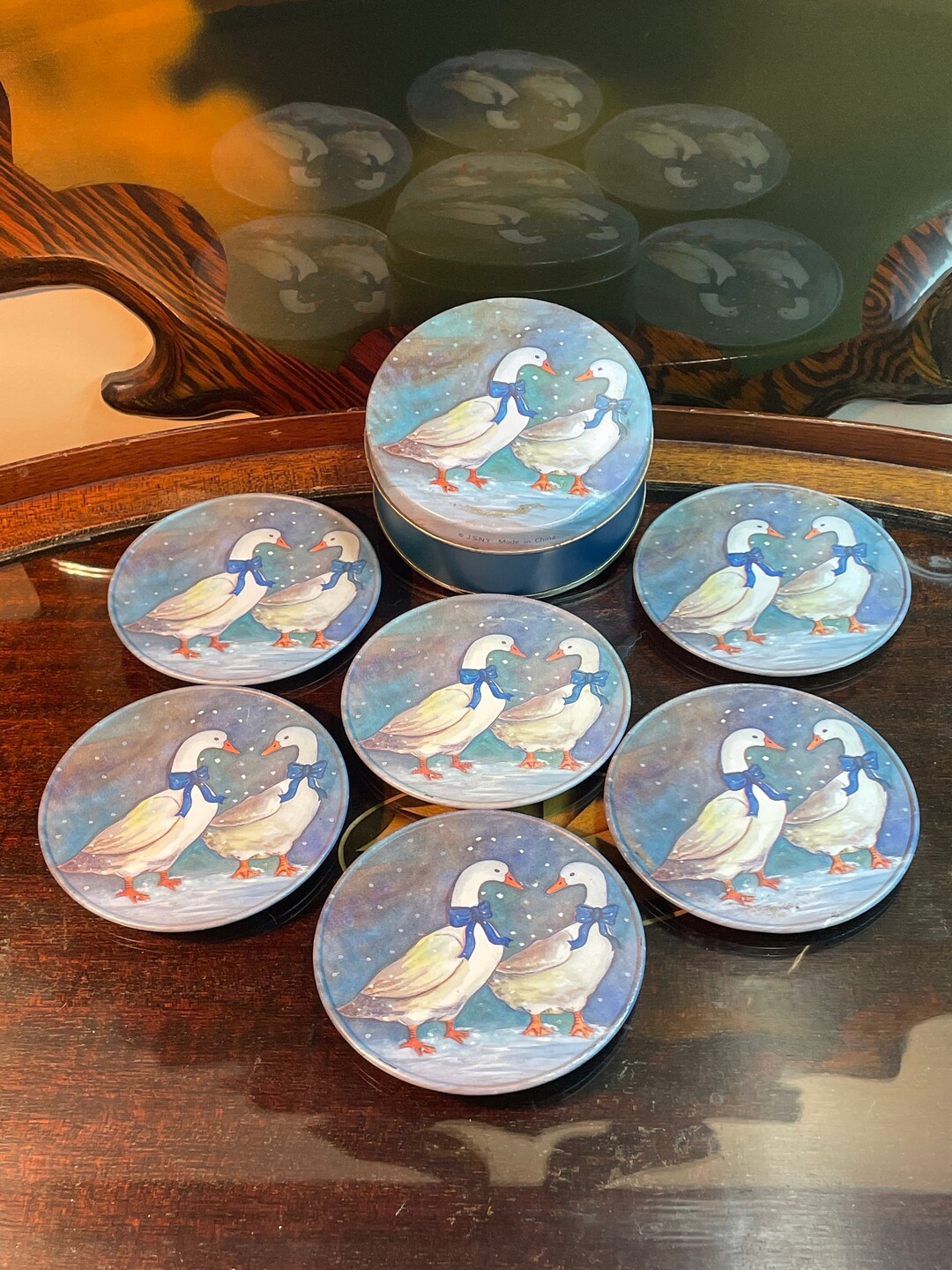Blue Ribbon goose round cork coaster set of 6 vintage in metal tin ...
