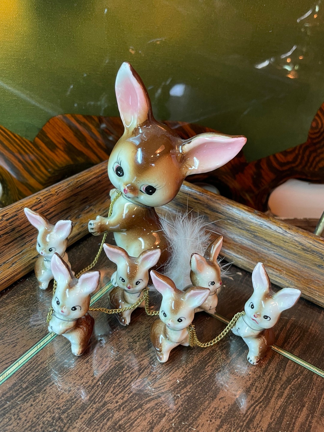 Napco Miniature Porcelain Mother Rabbit With Kits Set Chained - Etsy
