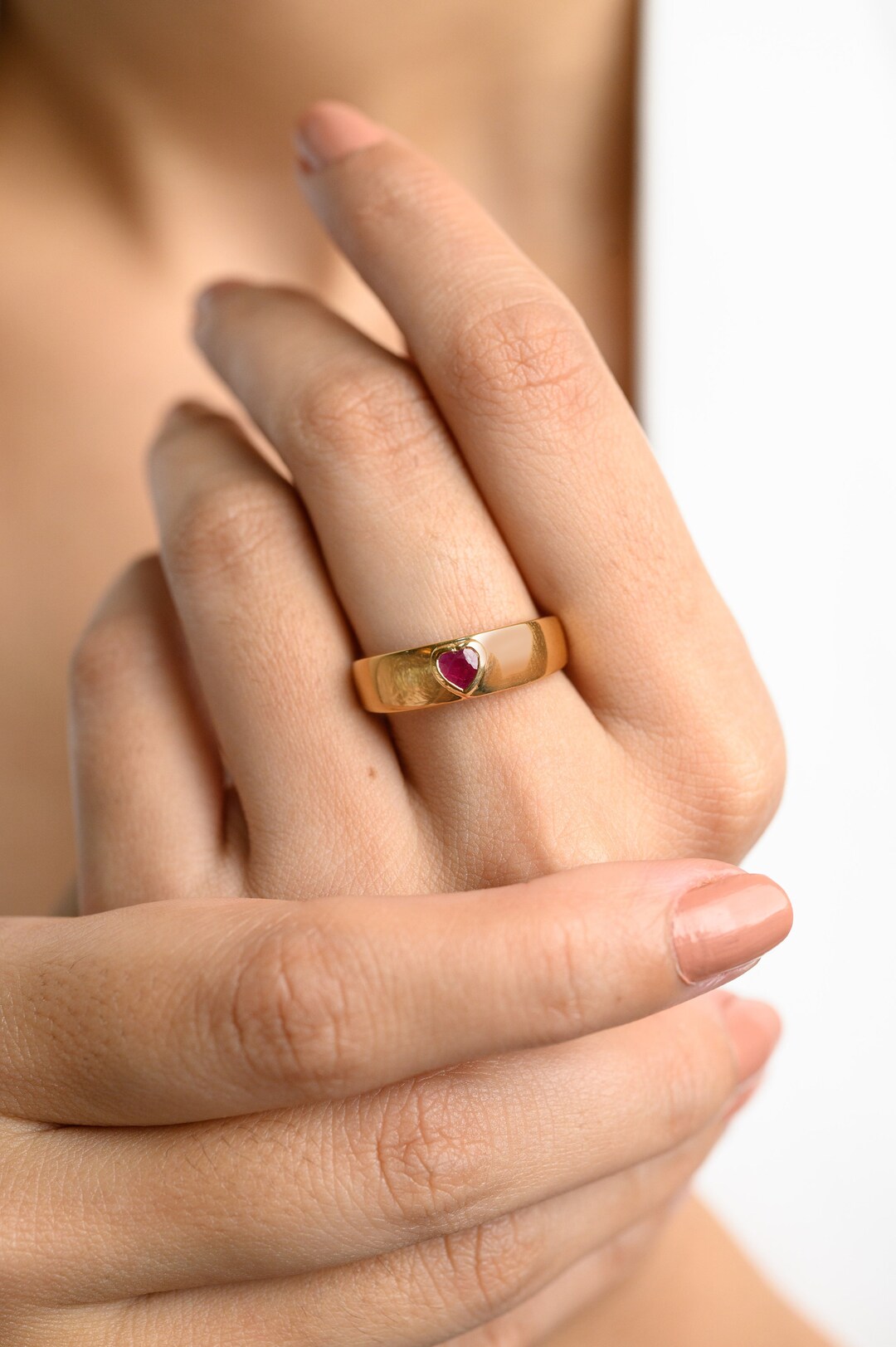 14K Solid Gold Ruby Heart Bold Dome Ring Genuine Red Ruby - Etsy