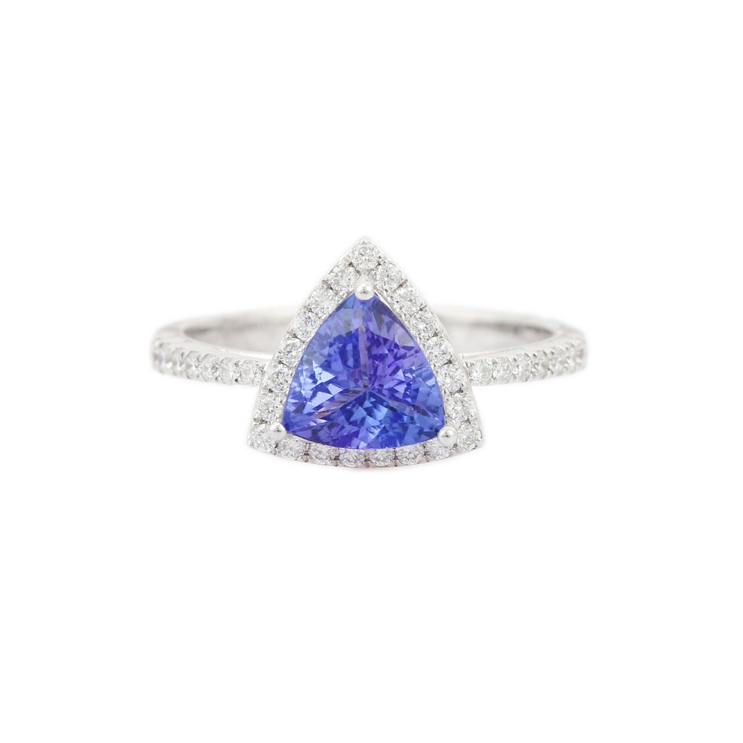 18K Solid White Gold Trilliant Shape Tanzanite Gemstone Diamond Ring ...