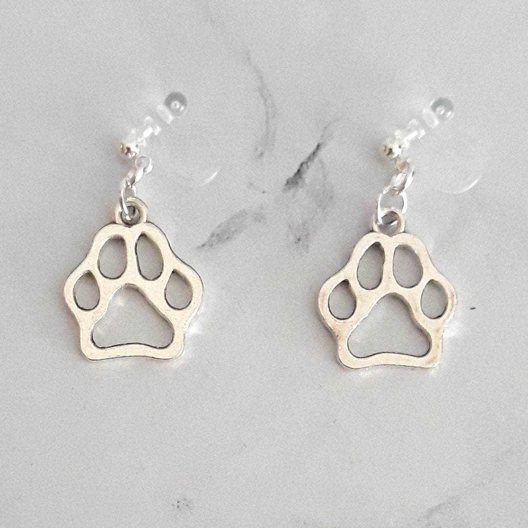Invisible clip on earrings dangle cat paw dog silvered, cute kawaii ...