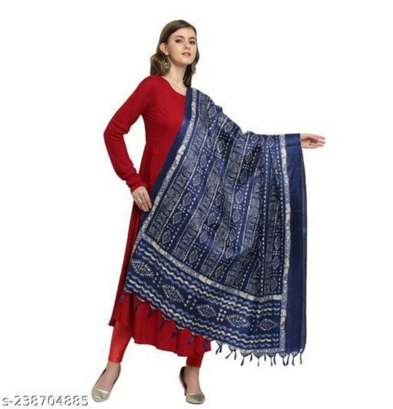 Women's Indigo Blue Cotton Silk Dupattas With Chikankari Block Print ...