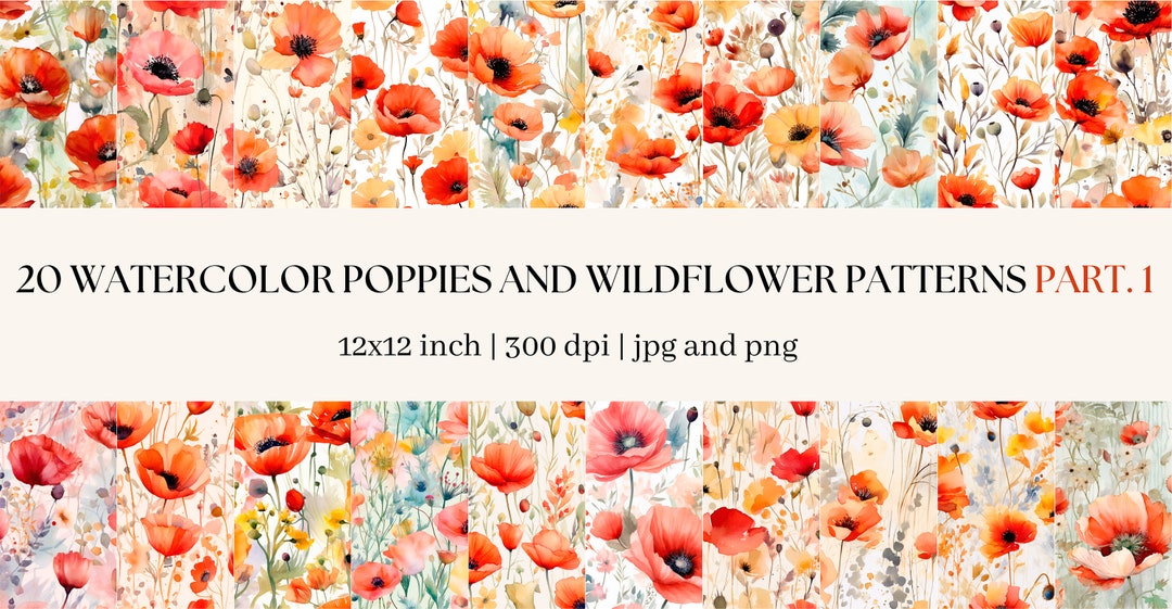 Watercolor Poppies and Wildflowers Part. 1, Seamless Patterns ...
