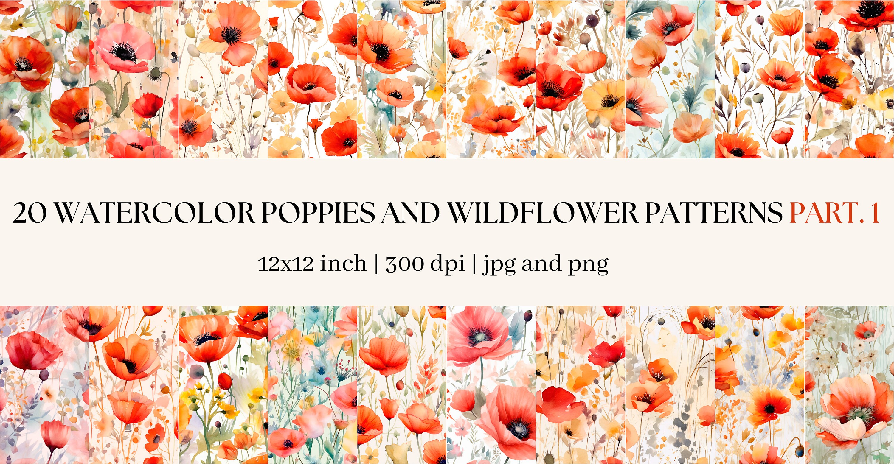 Watercolor Poppies and Wildflowers Part. 1, Seamless Patterns ...