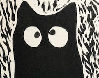 Little Black Cat Linocut Printmaking 7x5 Animal Art Deckle Edge Small ...